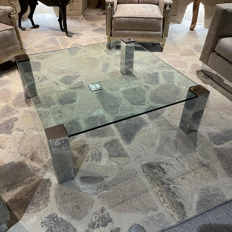 1970s Style Milo Baughman Square Coffee Table Floating Glass on Chrome ...