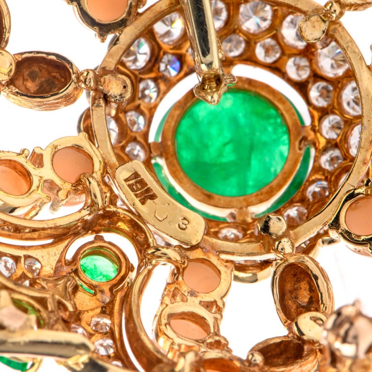 1970s Stylish Circular Diamond Coral Emerald 18 Karat Yellow Gold Pin ...