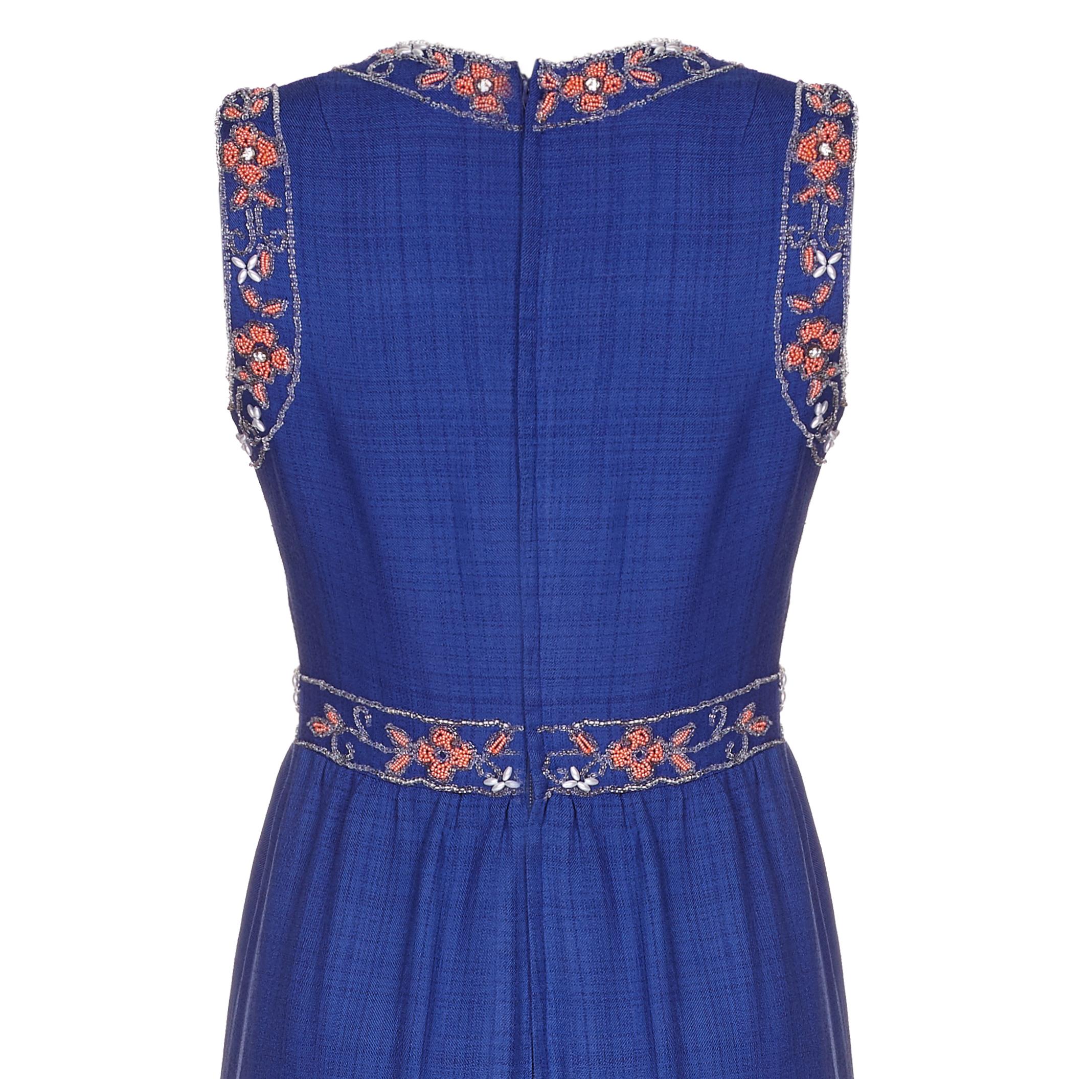 1970s Susan Small Blue Silk/ Linen Beaded Maxi Dress For Sale at 1stDibs