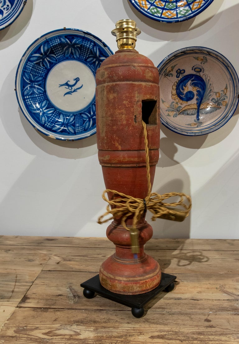 1970s Table Lamp Made from a Red Painted Wooden Bed Leg For Sale at 1stDibs