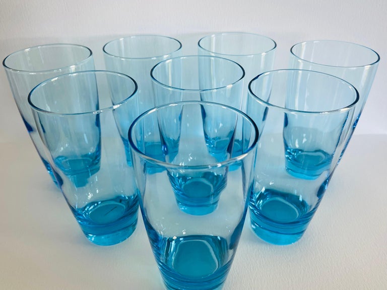 1970s Tapered Blue Glass Tumblers, Set of 8 For Sale at 1stDibs