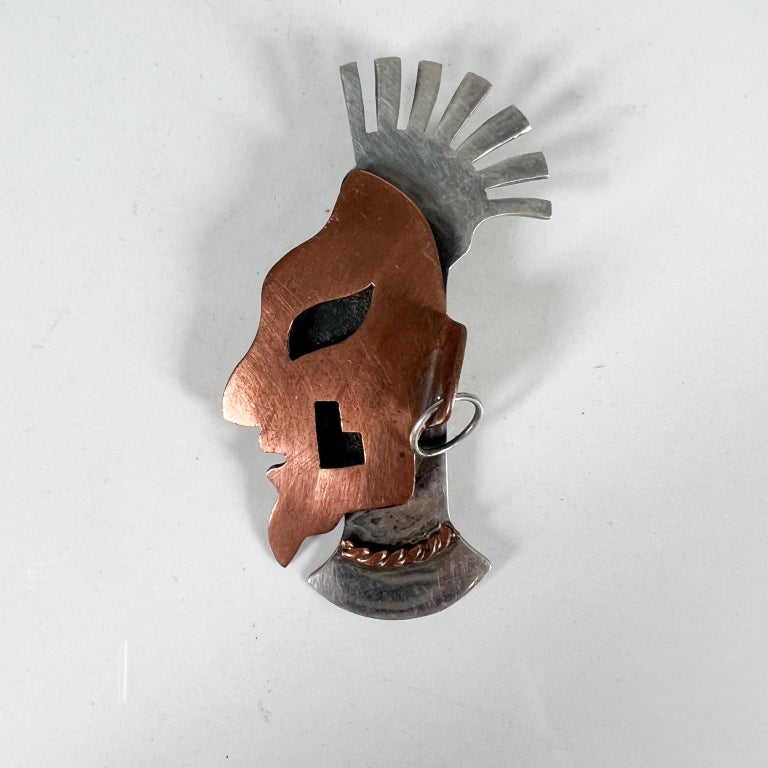 1970s Taxco Aztec Brooch Pin in Sterling Silver Mixed Metals Mexico For ...