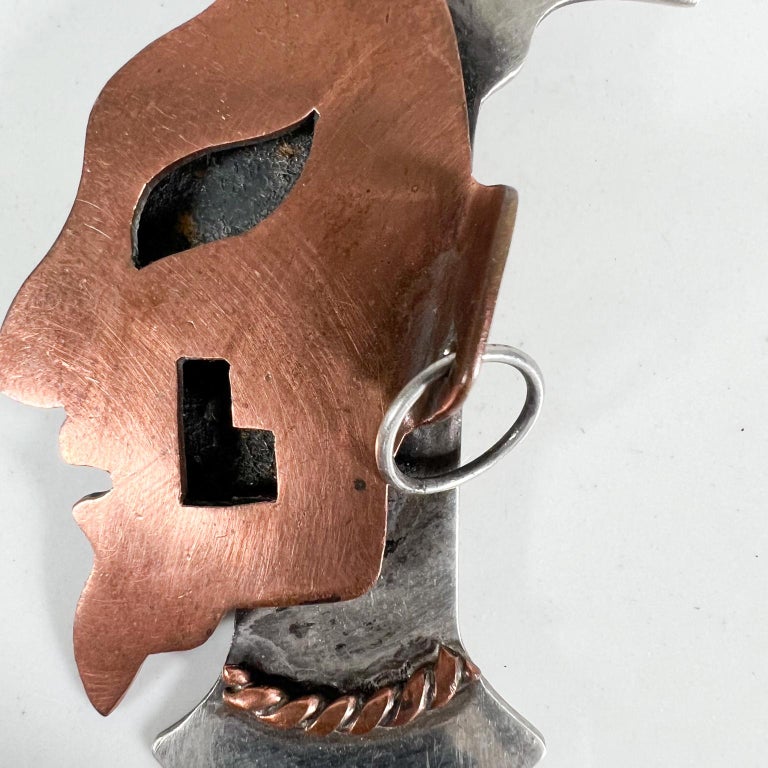 1970s Taxco Aztec Brooch Pin in Sterling Silver Mixed Metals Mexico For ...