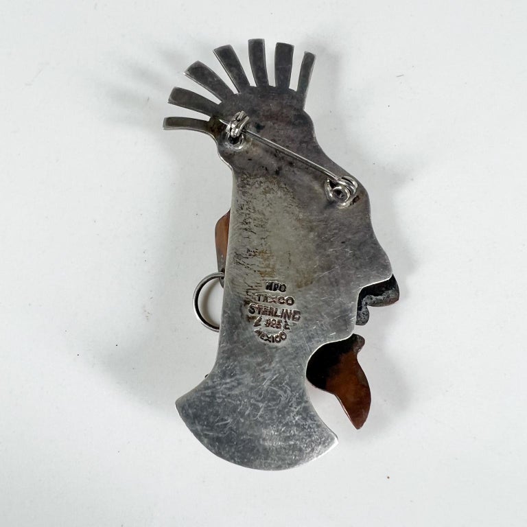 1970s Taxco Aztec Brooch Pin in Sterling Silver Mixed Metals Mexico For ...