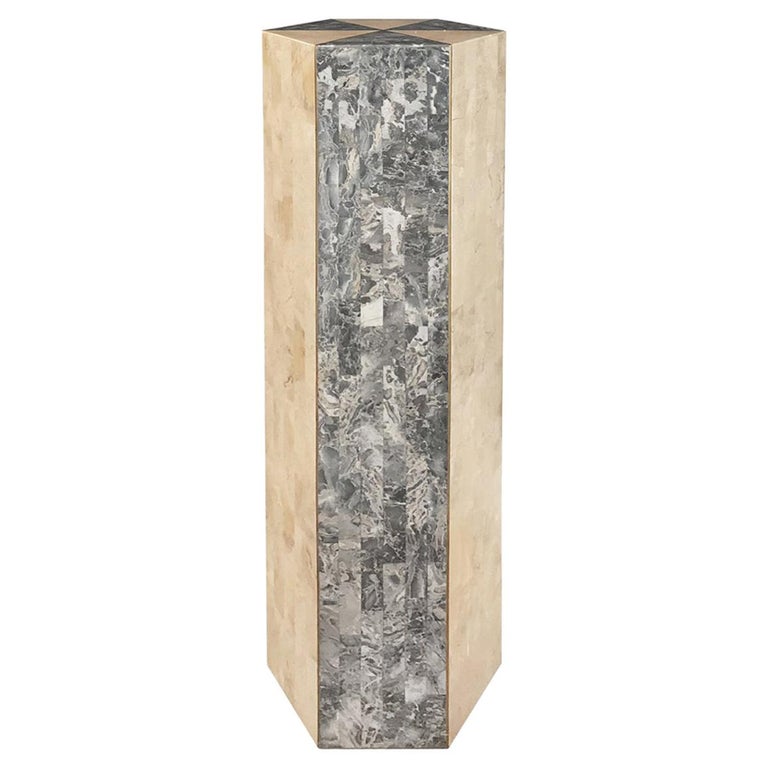 1970s Tessellated Light and Dark Stone Hexagonal Column with Brass ...