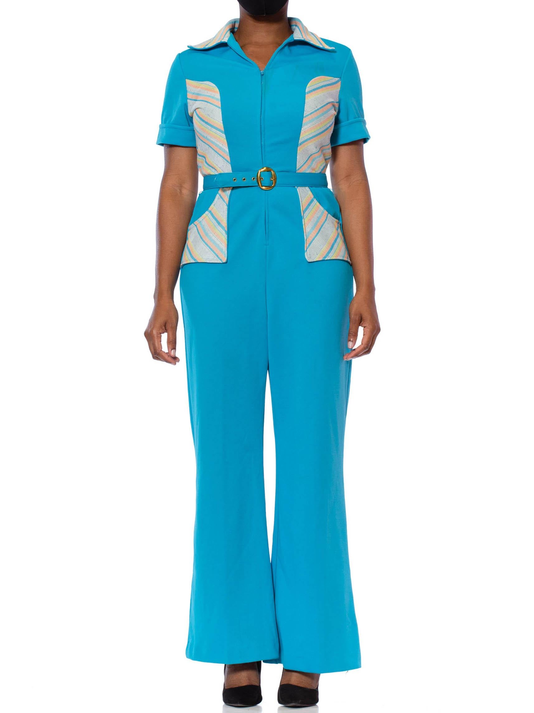 1970S Turquoise and Peach Polyester Double Knit Jumpsuit With Belt For ...