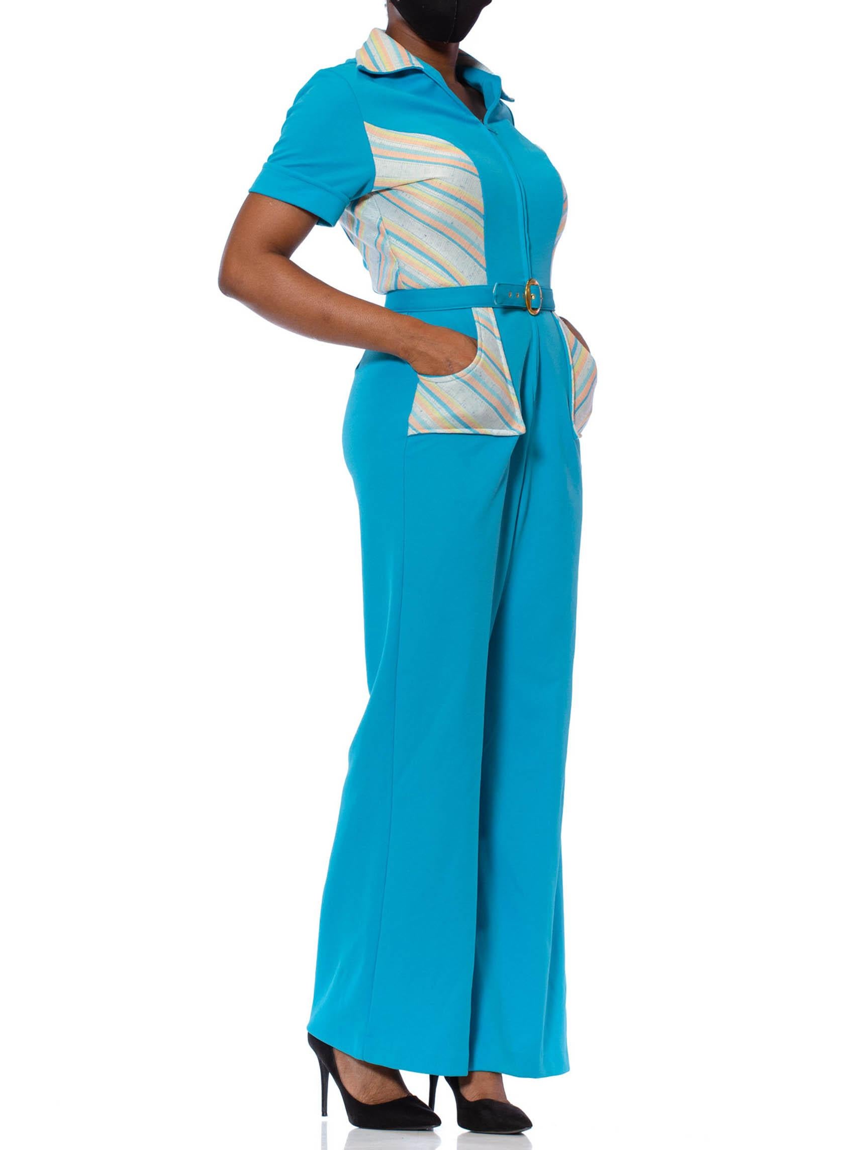 1970S Turquoise and Peach Polyester Double Knit Jumpsuit With Belt For ...