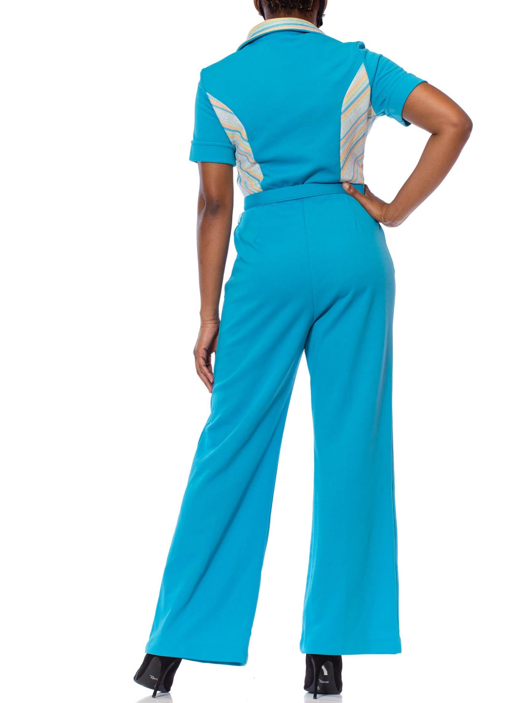 1970S Turquoise and Peach Polyester Double Knit Jumpsuit With Belt For ...