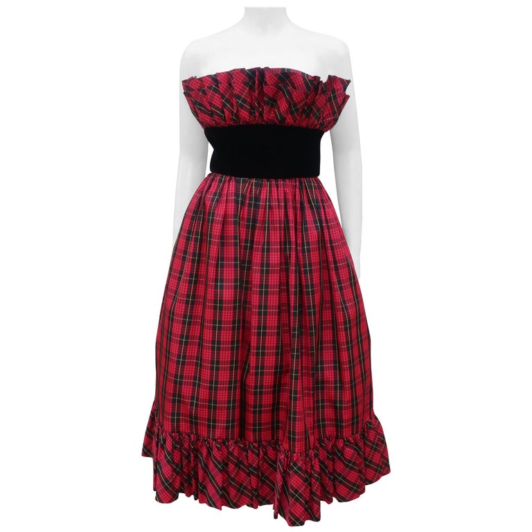 1970’s Victor Costa Plaid Taffeta and Velvet Strapless Evening Dress at ...