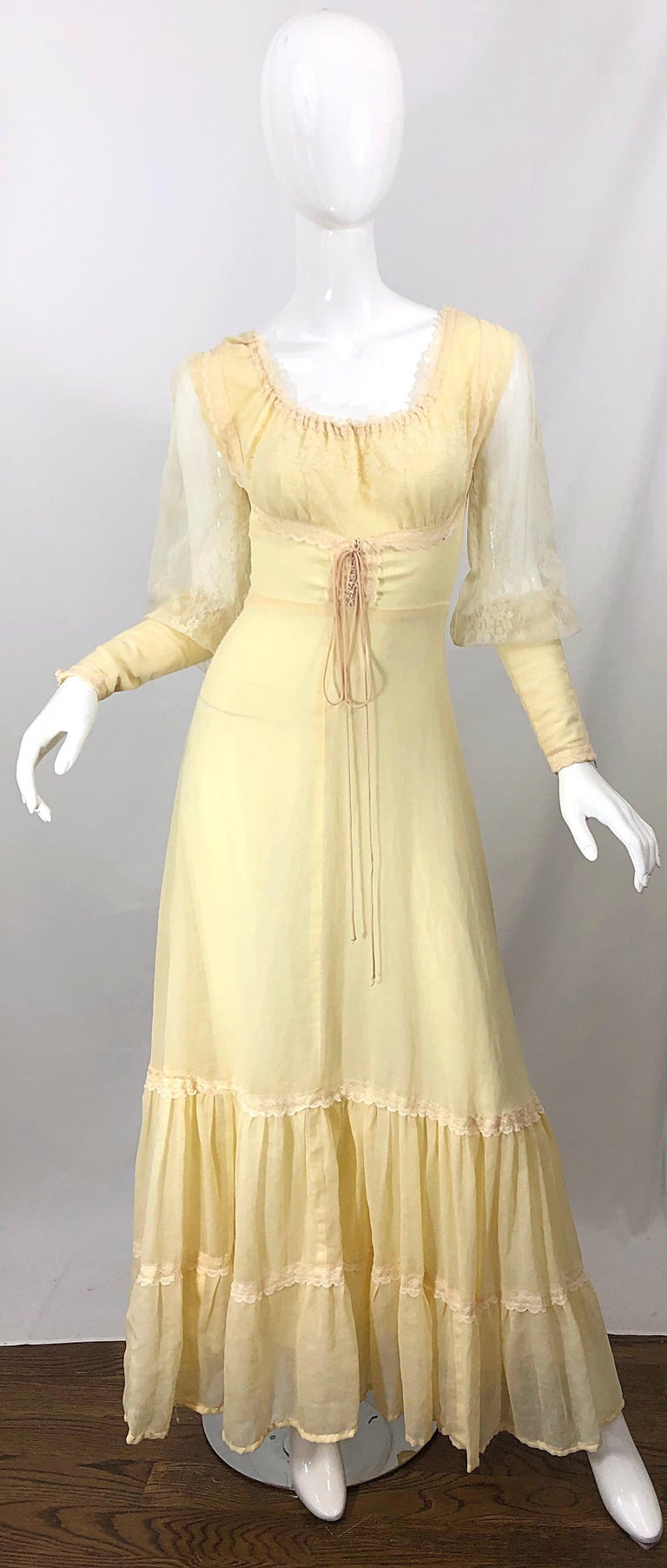 1970s Victorian Inspired Pale Yellow Cotton Voile + Lace Peasant 70s ...