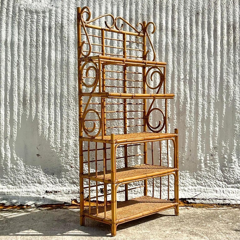 1970s Vintage Coastal Tortoise Rattan Bakers Rack For Sale at 1stDibs