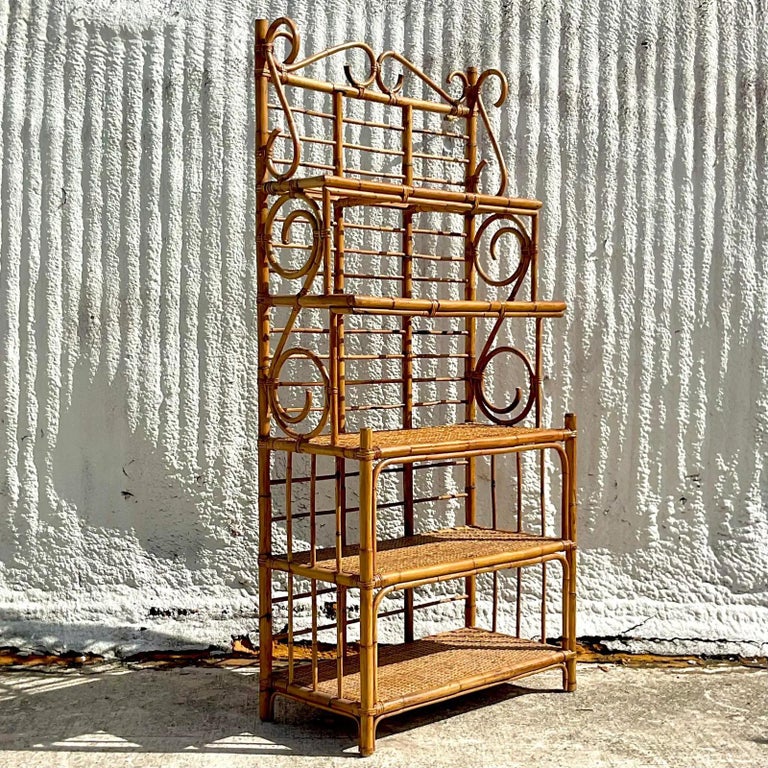1970s Vintage Coastal Tortoise Rattan Bakers Rack For Sale at 1stDibs