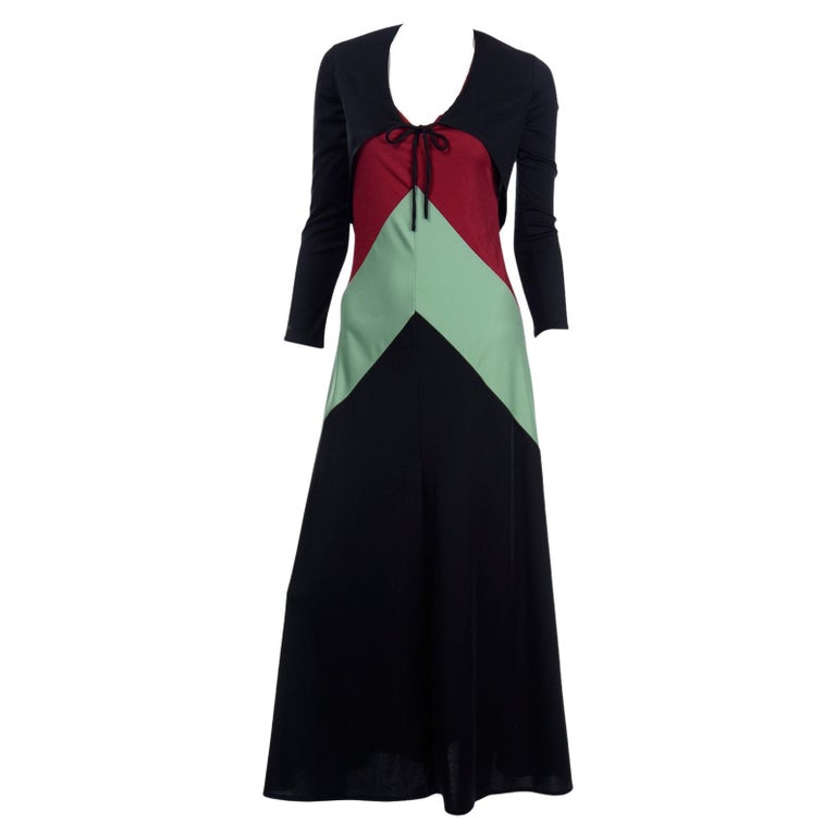 1970s Vintage Color Block Black Jersey Maxi Tank Dress W Long Sleeve ...
