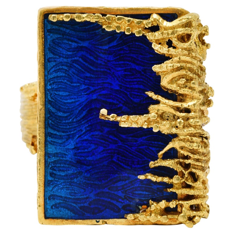 1970's Vintage Guilloche Enamel 18 Karat Gold Statement Ring For Sale ...