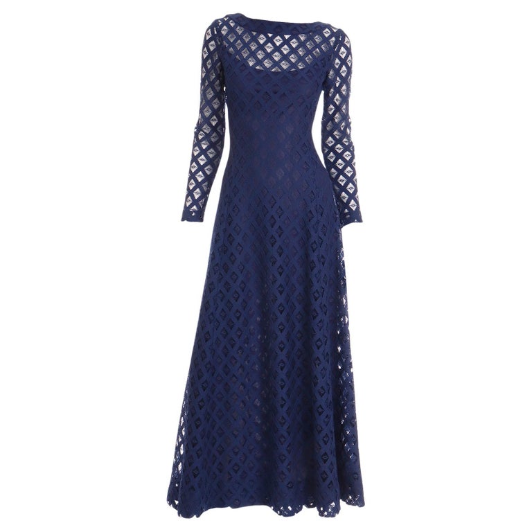1970s Vintage Navy Blue Cutwork Maxi Dress with Blue lining For Sale at ...