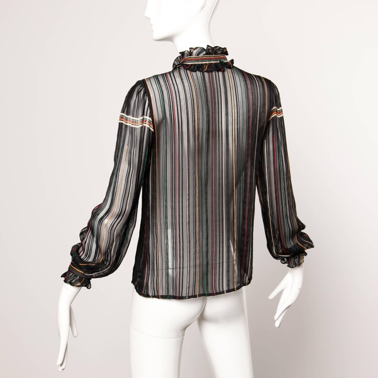 1970s Vintage Paper Thin Sheer Striped Silk Chiffon Button Up Blouse ...