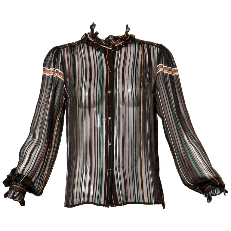1970s Vintage Paper Thin Sheer Striped Silk Chiffon Button Up Blouse ...