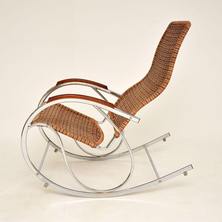 1970's Vintage Rattan and Chrome Rocking Chair For Sale at 1stDibs