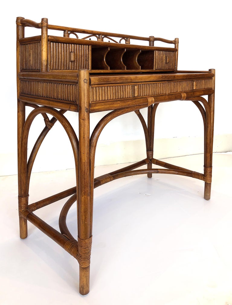 1970s Vintage Rattan Writing Desk with Drawers and Cubby Holes For Sale ...