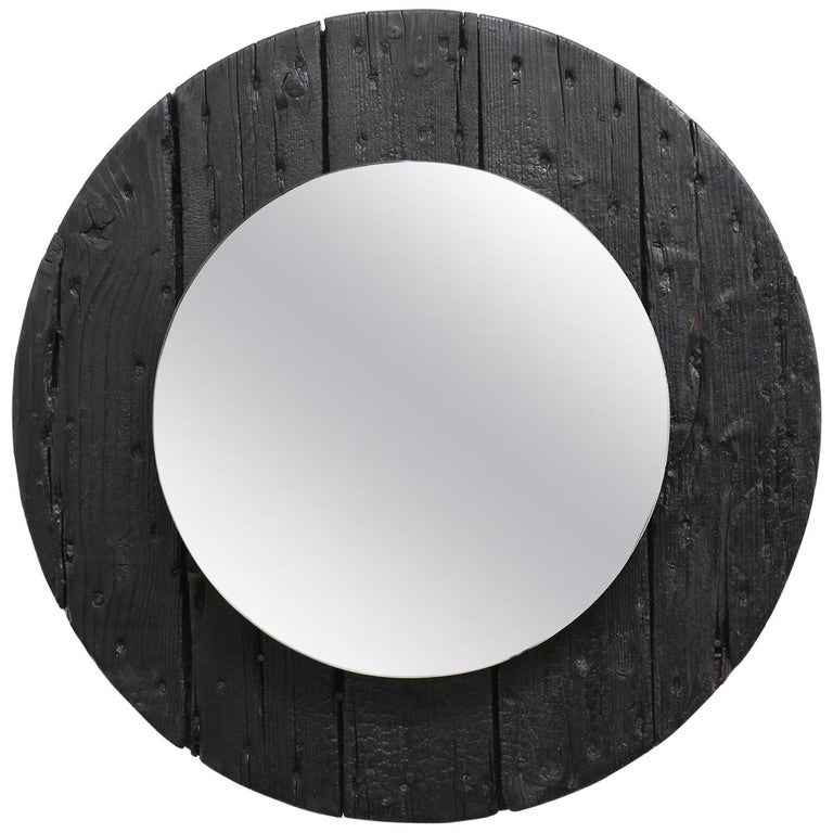 1970s Vintage Round Black Wood Mirror For Sale at 1stDibs