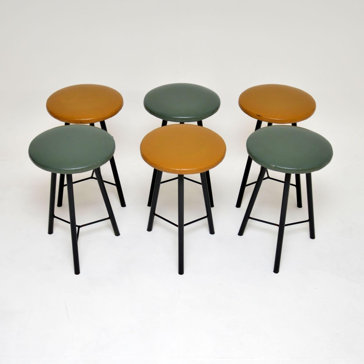 1970s Vintage Set of Six Leather and Steel Stools For Sale at 1stDibs