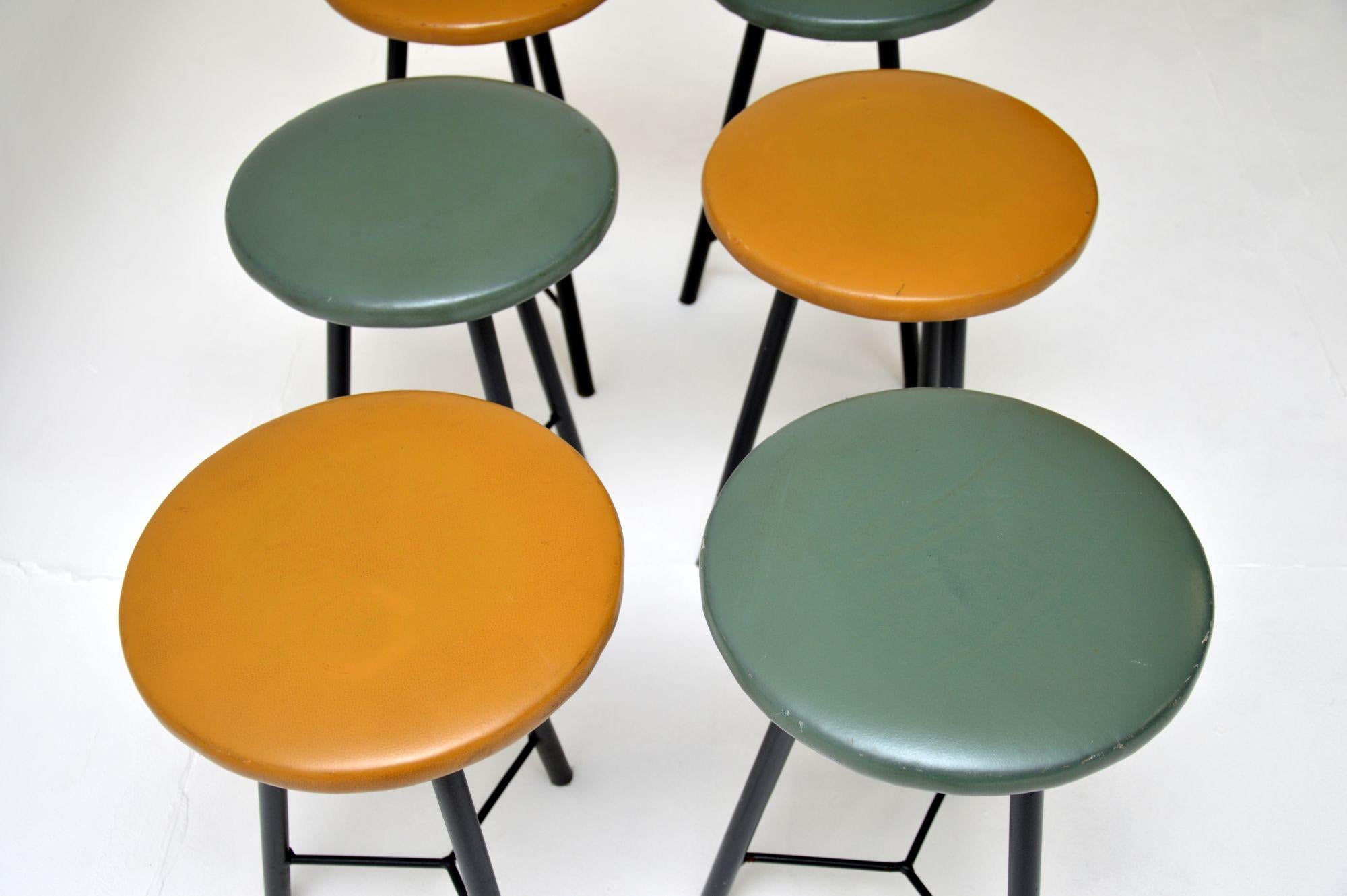 1970s Vintage Set of Six Leather and Steel Stools For Sale at 1stDibs