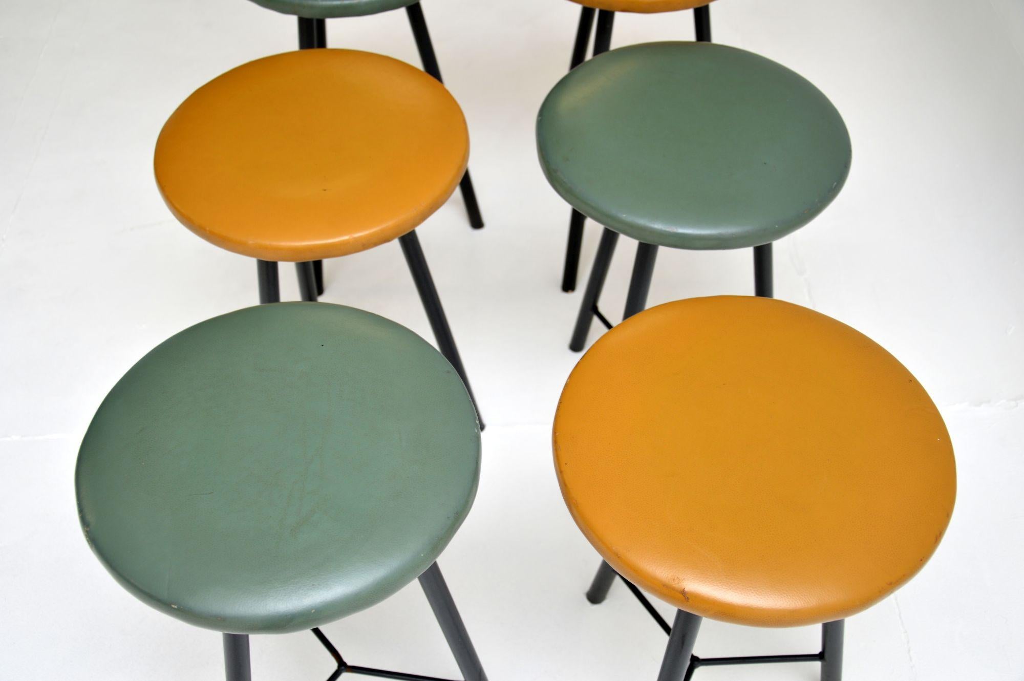 1970s Vintage Set of Six Leather and Steel Stools For Sale at 1stDibs