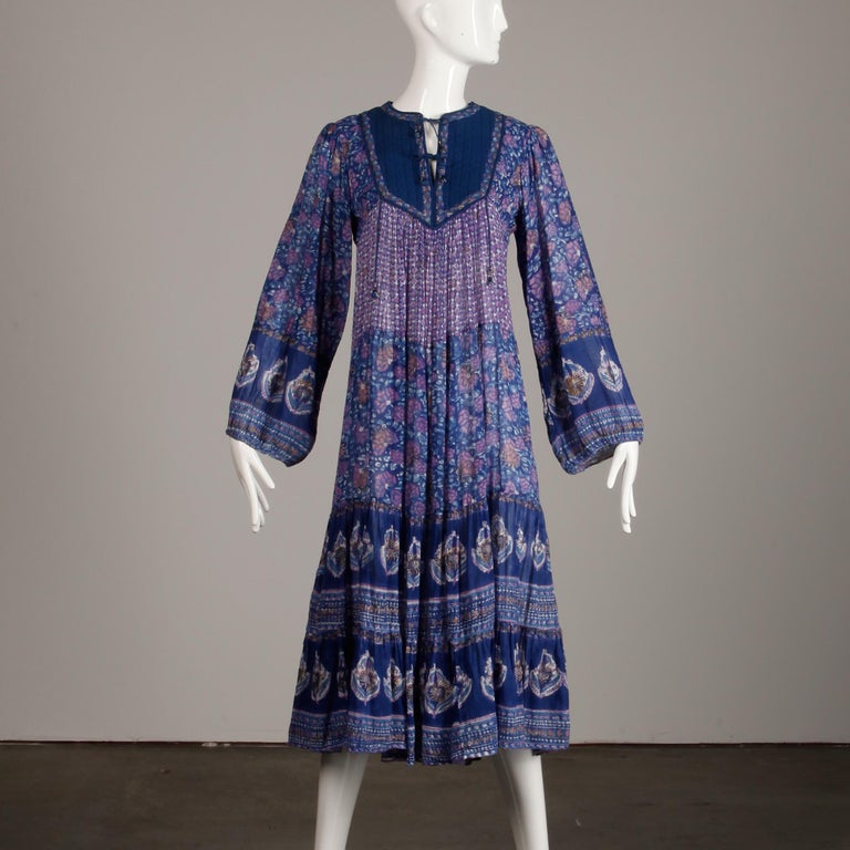 1970s Vintage Sheer Cotton Gauze Indian Blue Block Print Hippie Boho ...
