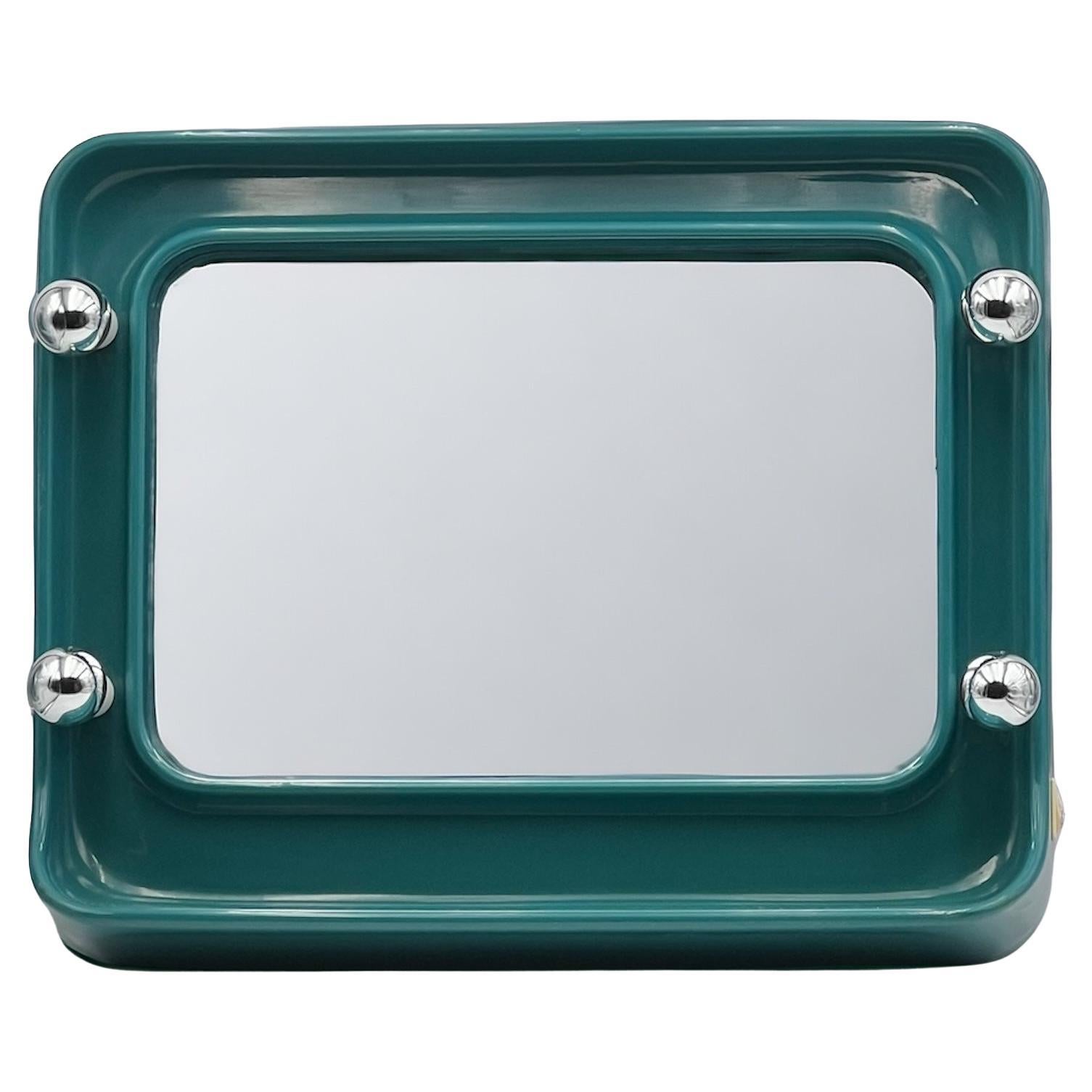 1970s Vintage Turquoise Wall Mirror in Moulded Plastic with Built-In ...