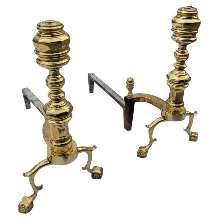 1970s Virginia Metalcrafters Cast Polished Brass and Iron Andirons For ...