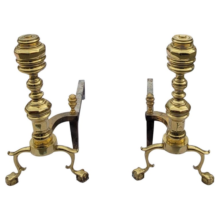 1970s Virginia Metalcrafters Cast Polished Brass and Iron Andirons For ...