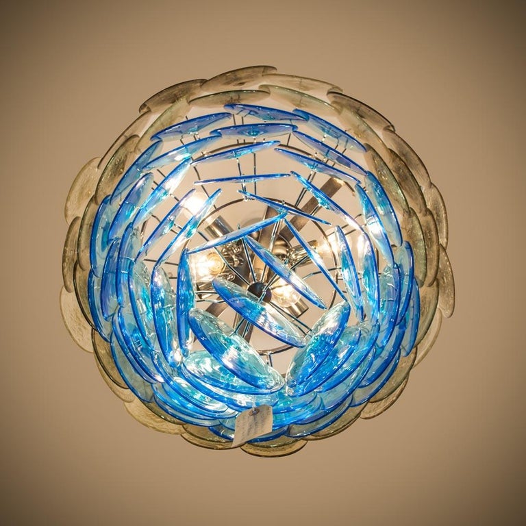Italian 1970s Disc Ceiling Light Blue and Smoke Blown Glass Components ...