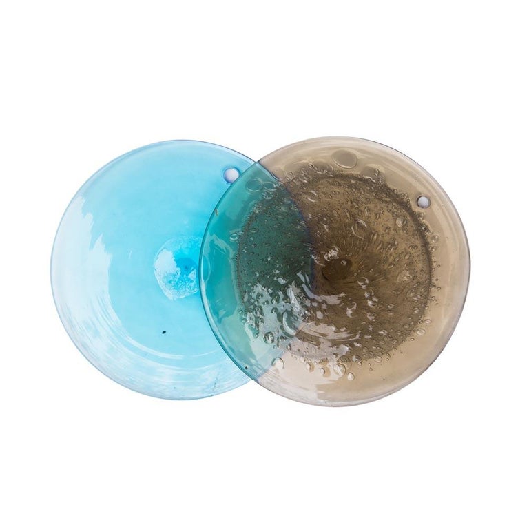 Italian 1970s Disc Ceiling Light Blue and Smoke Blown Glass Components ...