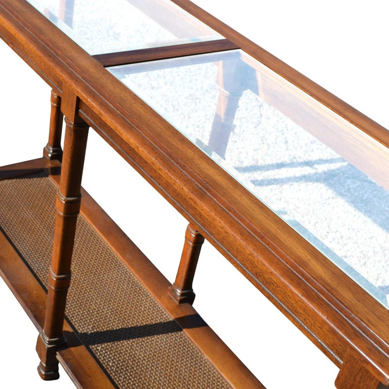 1970s Walnut Two Tier Glass Top Console Table with Faux Caning Shelf at ...