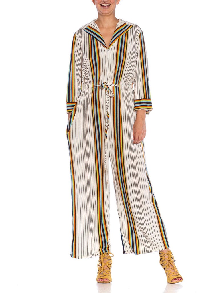 1970S White Multicolored Terry Cloth Stripe Jumpsuit With Drawstring ...