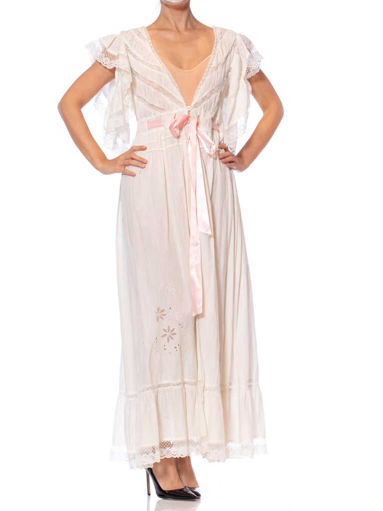 1970S White Victorian Revival Cotton and Lace Duster Dress With ...