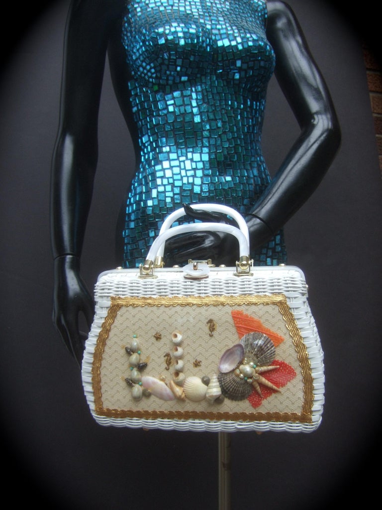 1970s White Wicker Sea Life Coastal Handbag at 1stDibs