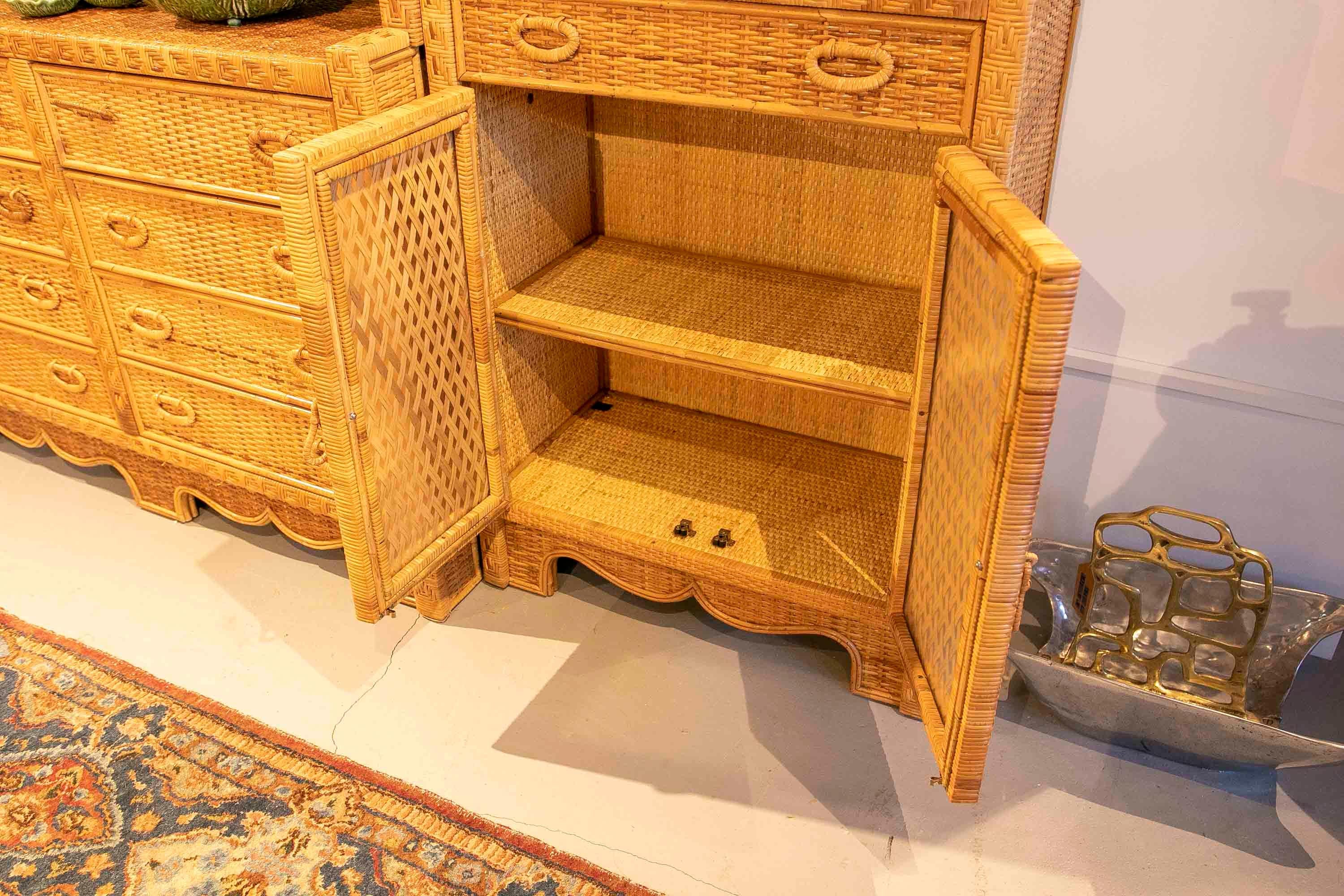 1970s Wicker Display Cabinet with Three Bodies, Shelves, Doors and ...