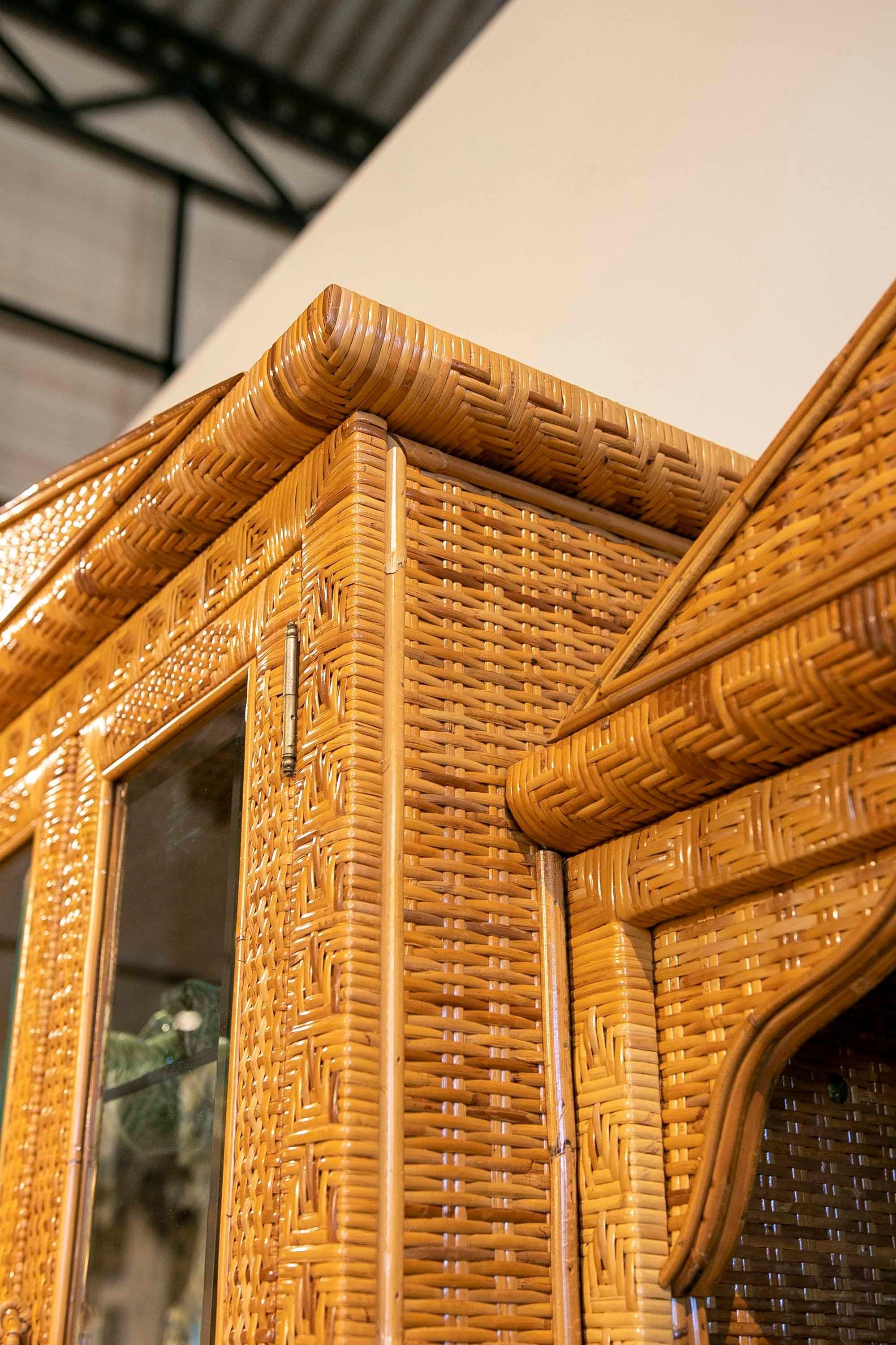 1970s Wicker Display Cabinet with Three Bodies, Shelves, Doors and ...