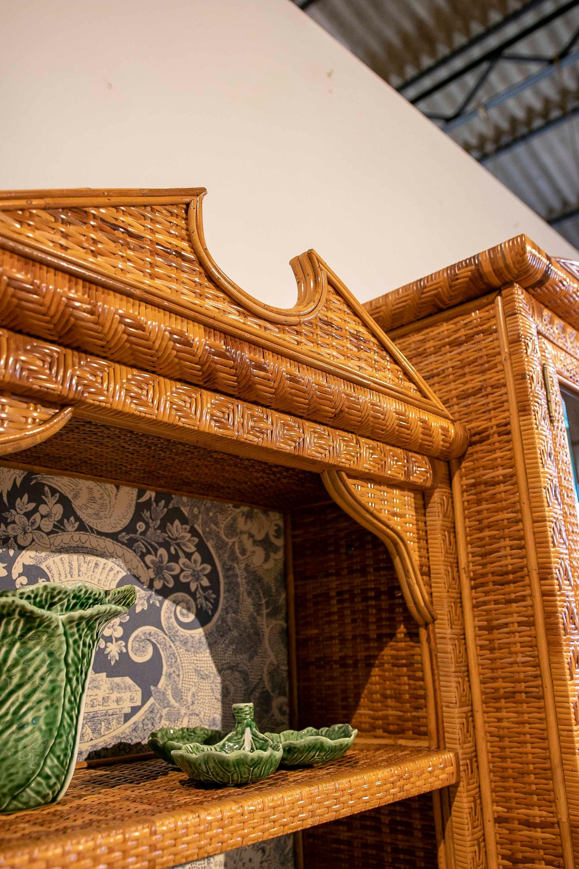 1970s Wicker Display Cabinet with Three Bodies, Shelves, Doors and ...