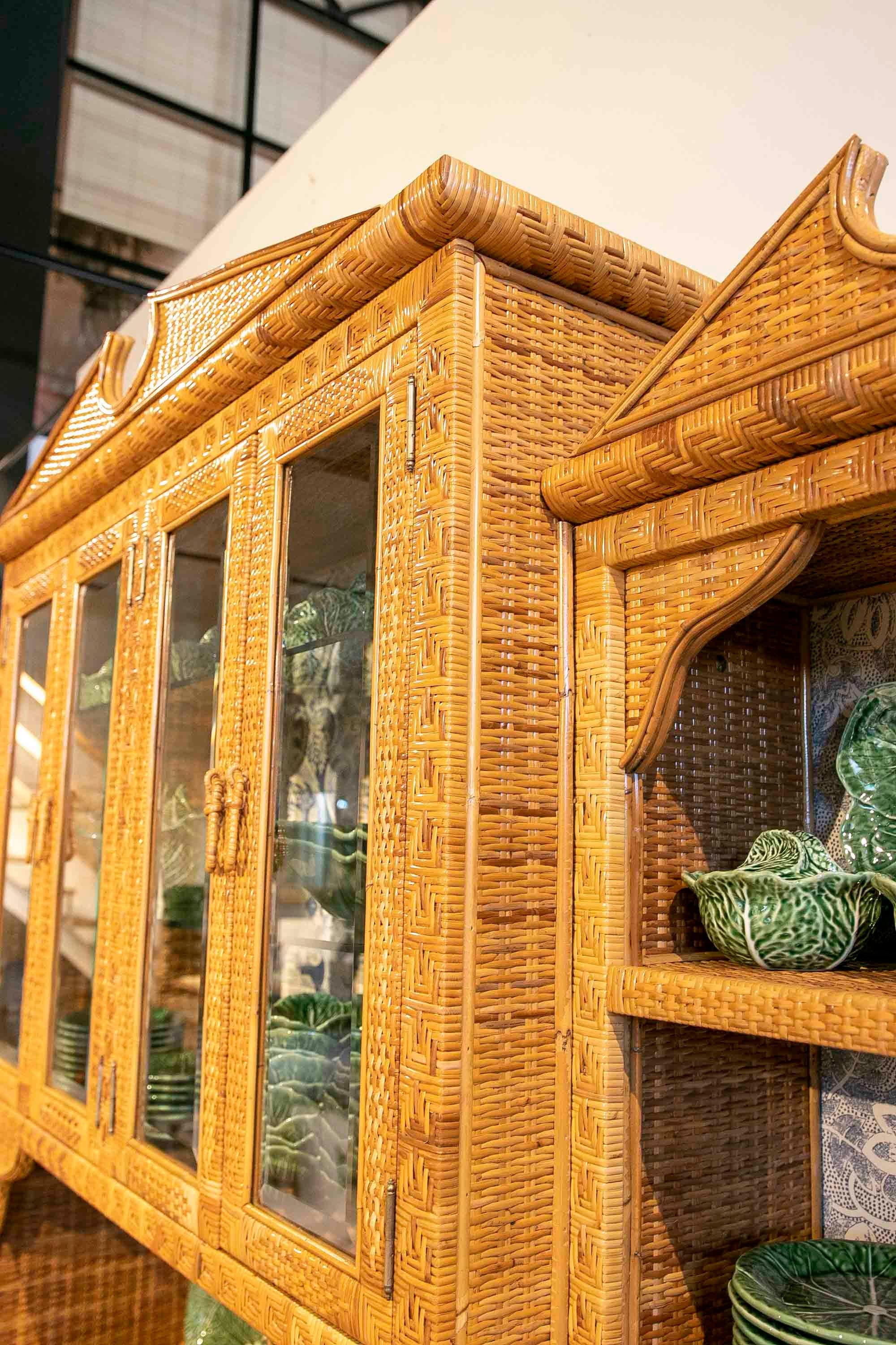 1970s Wicker Display Cabinet with Three Bodies, Shelves, Doors and ...