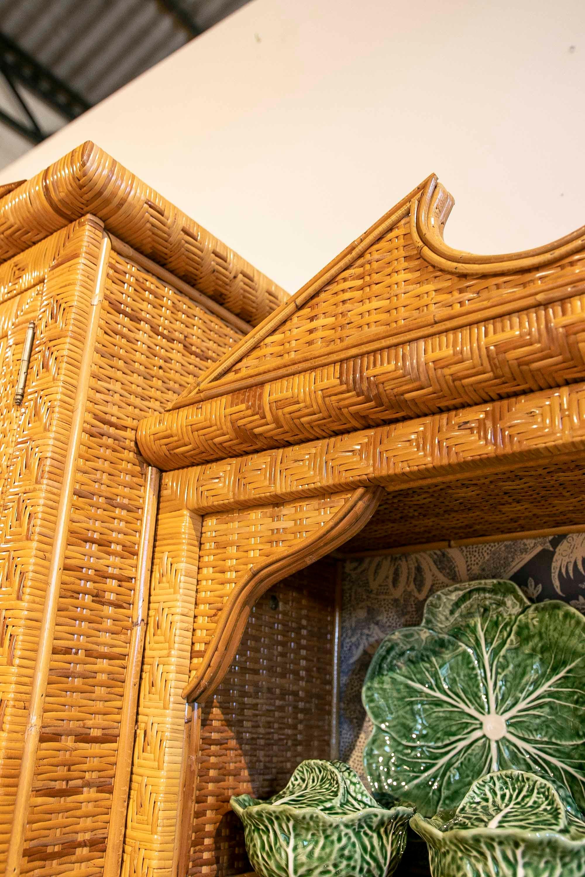 1970s Wicker Display Cabinet with Three Bodies, Shelves, Doors and ...