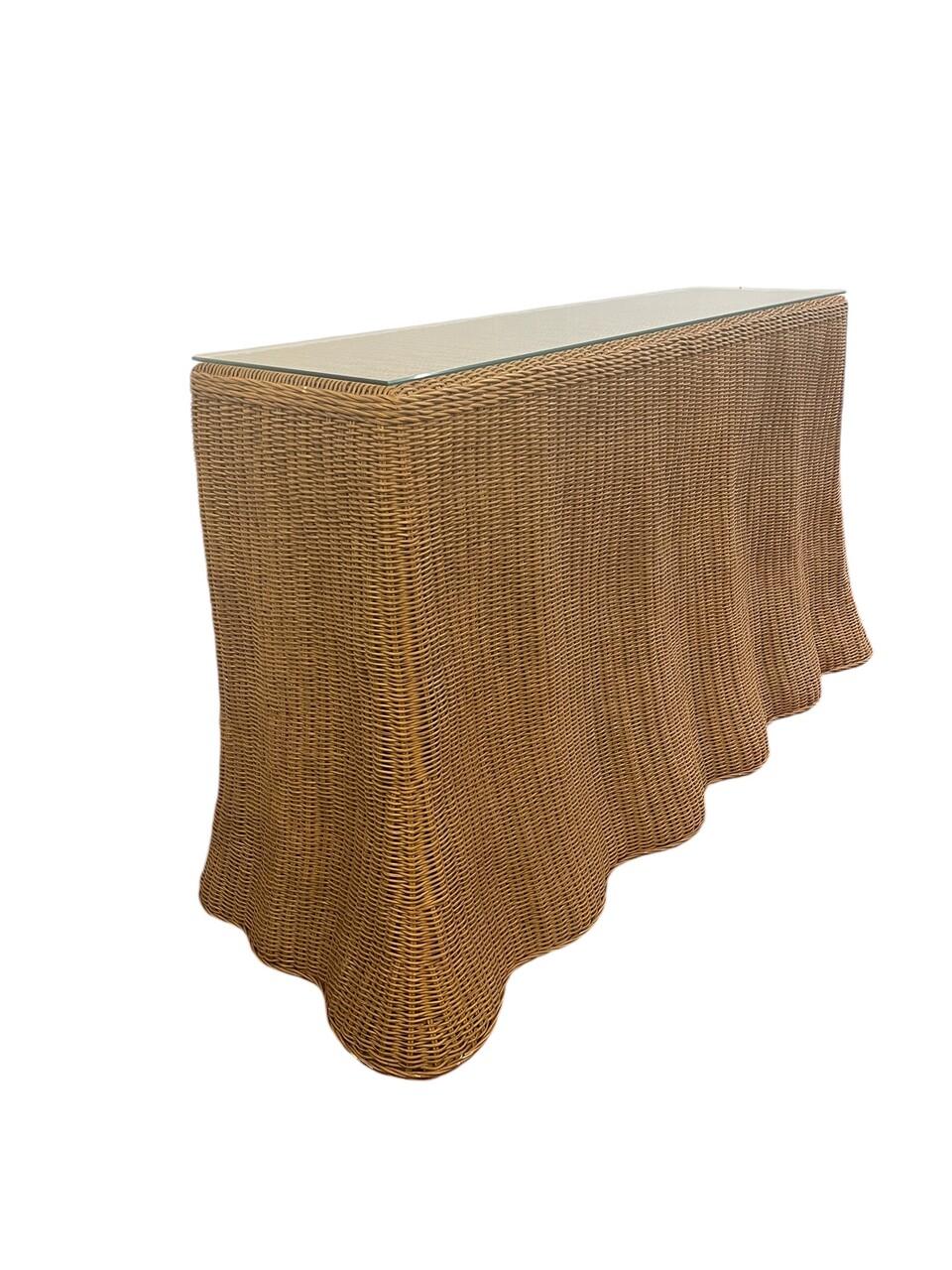 1970's Wicker Rattan Skirted Console Table For Sale at 1stDibs