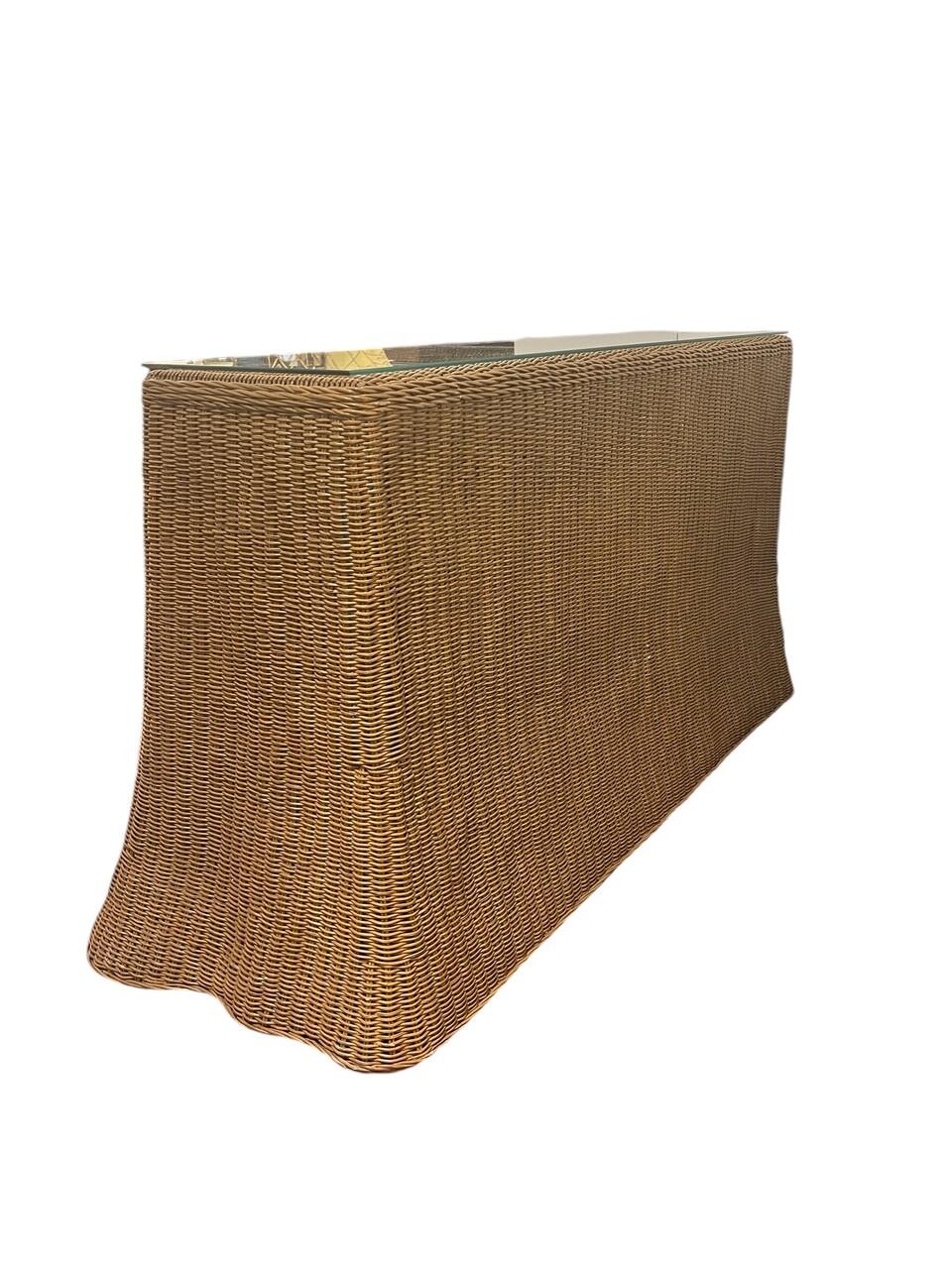 1970's Wicker Rattan Skirted Console Table For Sale at 1stDibs