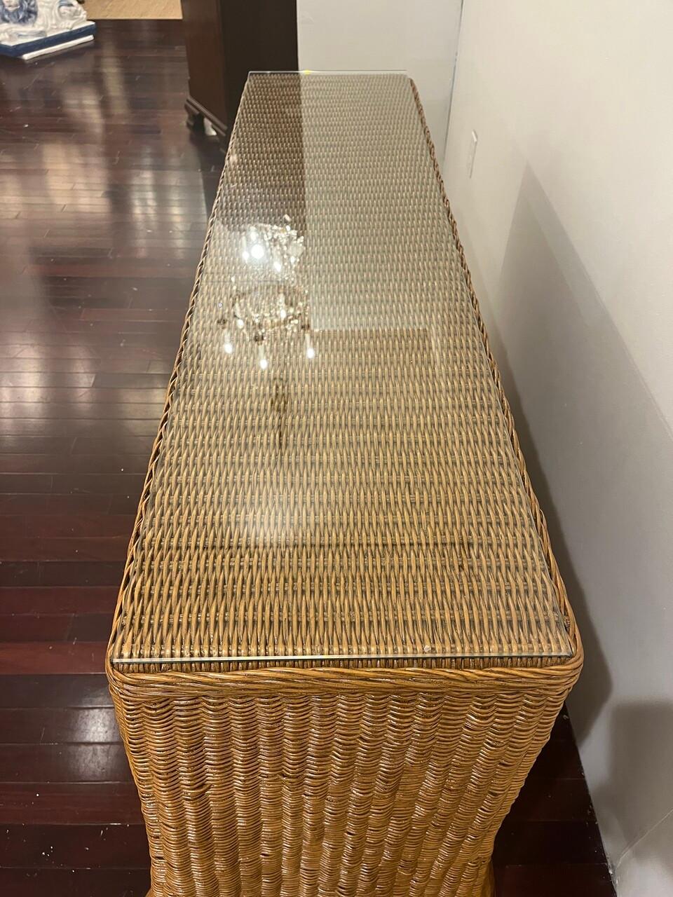 1970's Wicker Rattan Skirted Console Table For Sale at 1stDibs