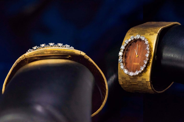 1970s Wide Omega Diamond Teak Wood Dial 18 Karat Yellow Gold Bangle ...