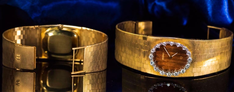 1970s Wide Omega Diamond Teak Wood Dial 18 Karat Yellow Gold Bangle ...