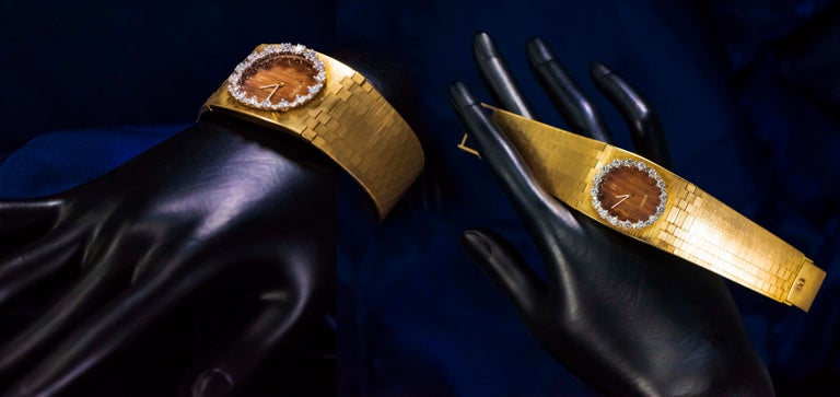 1970s Wide Omega Diamond Teak Wood Dial 18 Karat Yellow Gold Bangle ...