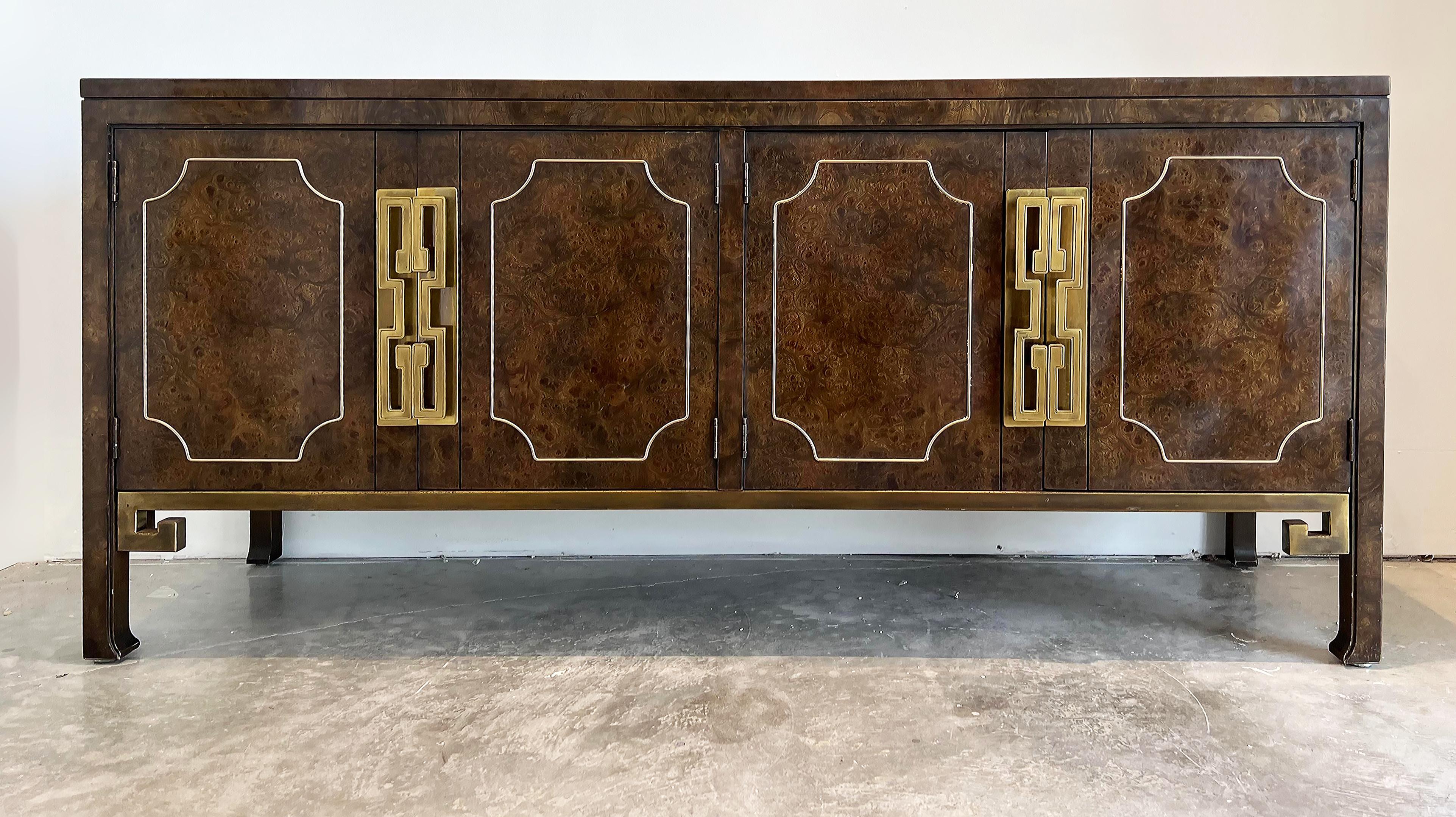 1970s William Doezema Mastercraft Burl Brass Credenzas Pair Hollywood ...