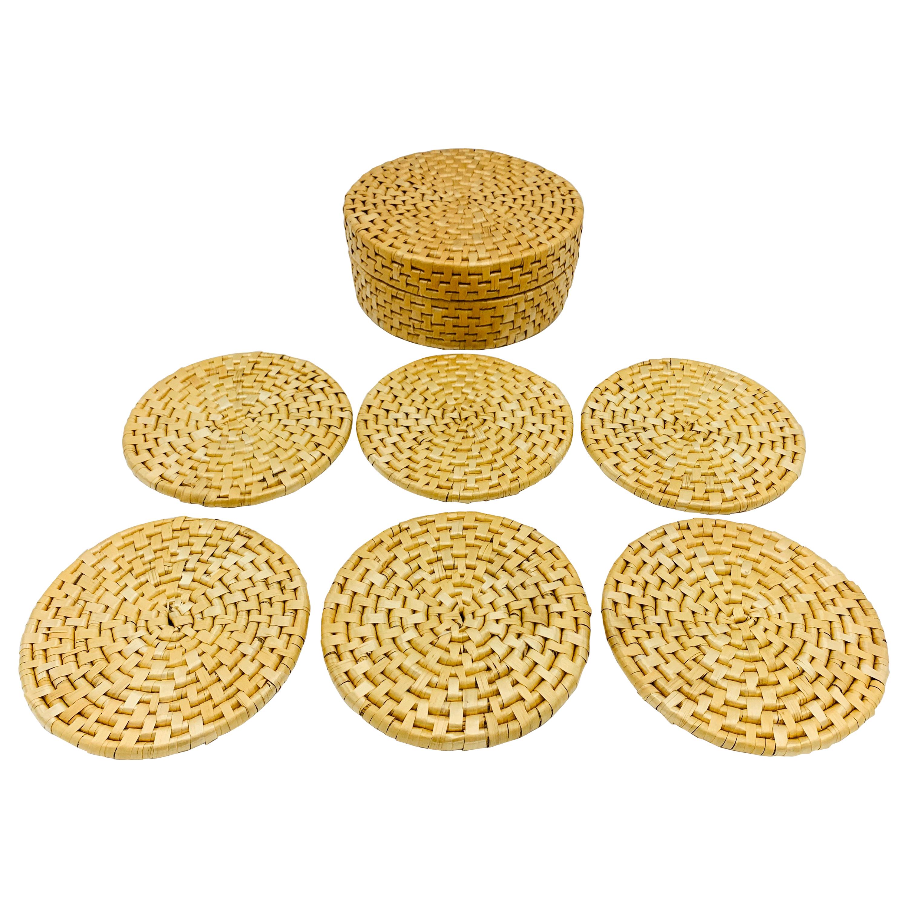 1970s Woven Rattan Coasters and Box, Set of Six For Sale at 1stDibs